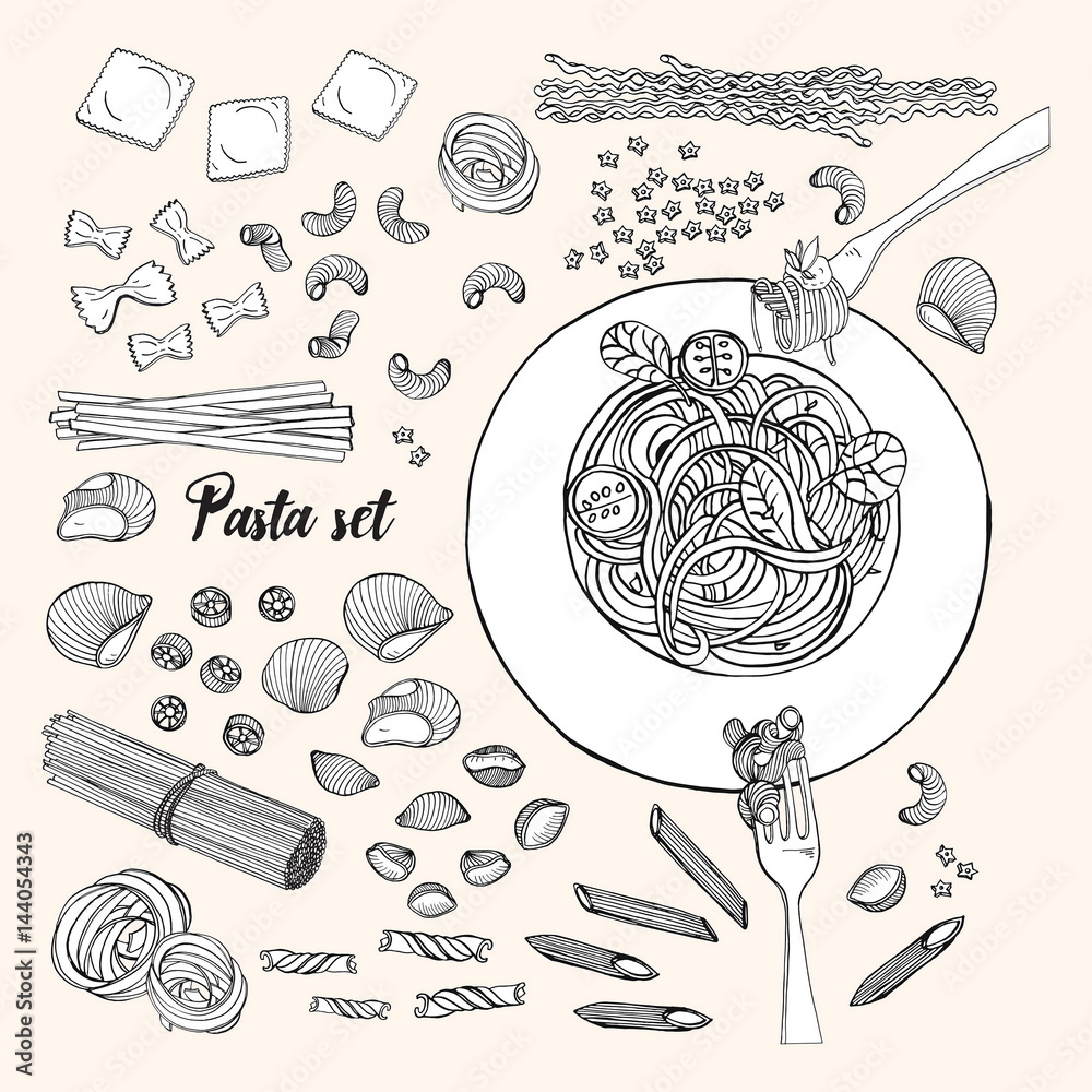 Set of different types pasta. Hand drawn collection spaghetti, macaroni ...