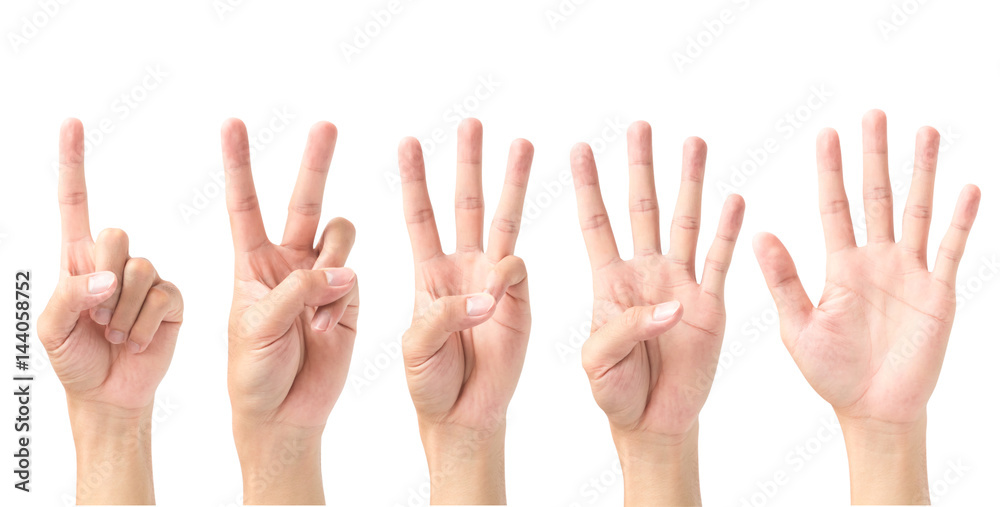Set of number 1 2 3 4 5 with hand sign isolated on white background ...