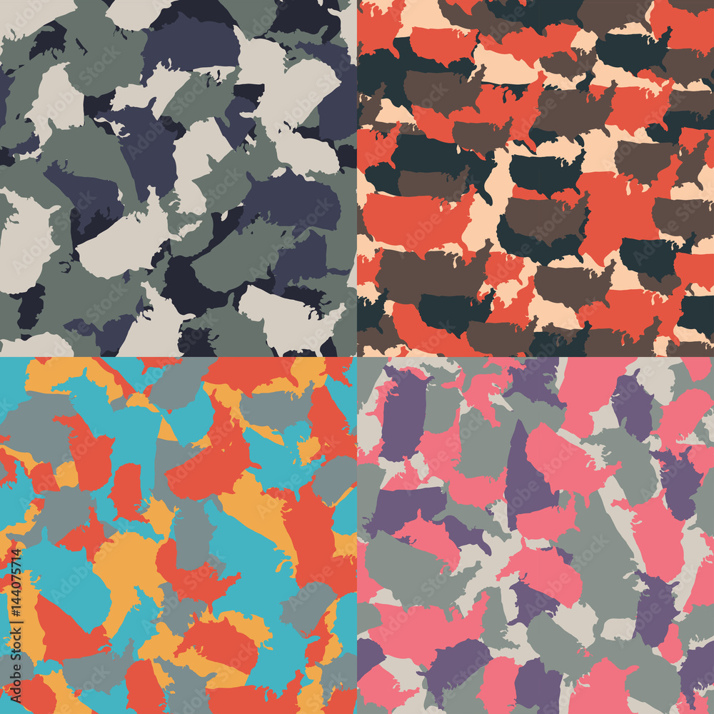 Colorful America urban camouflage. Set of USA shape camo seamless ...