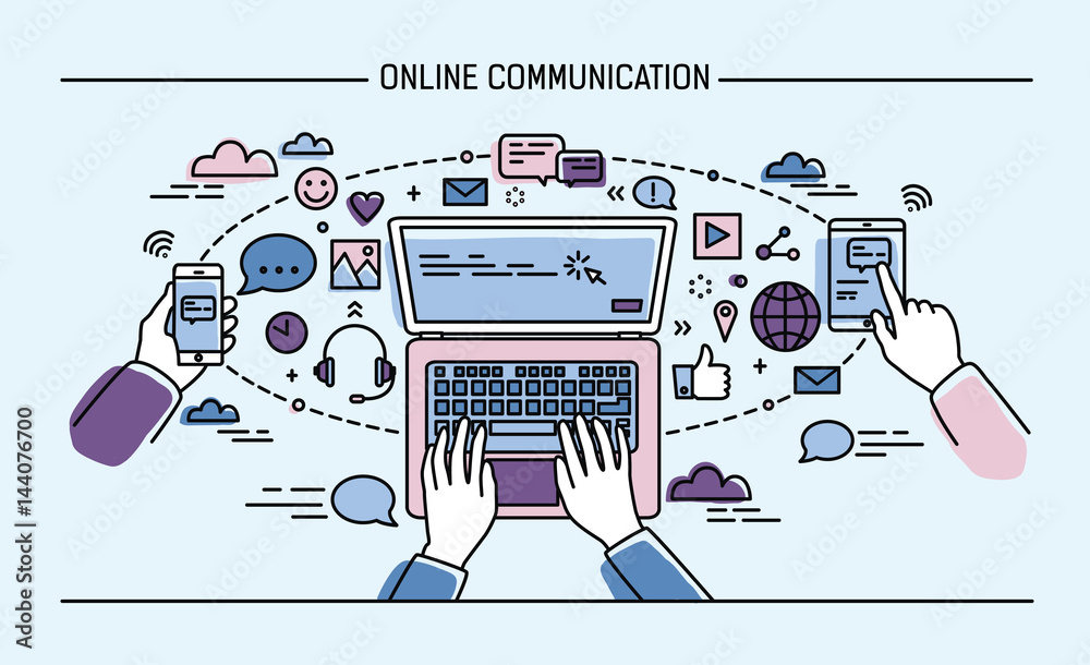 online communication lineart banner. gadgets, information technology ...