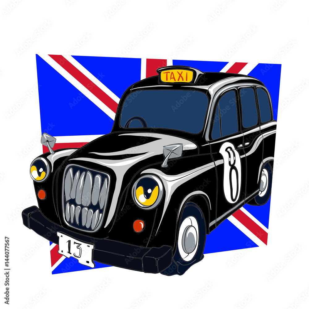Black London taxi cab with british flag on the background, old car with ...