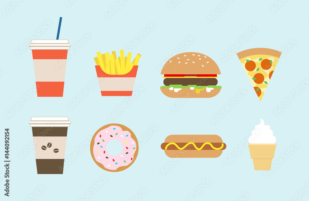 Simple flat fast food illustrations isolated on light blue background ...