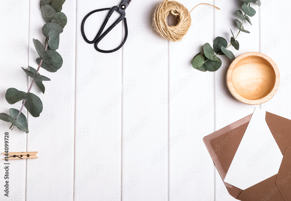 Simple objects and eucalyptus branches Stock Photo | Adobe Stock