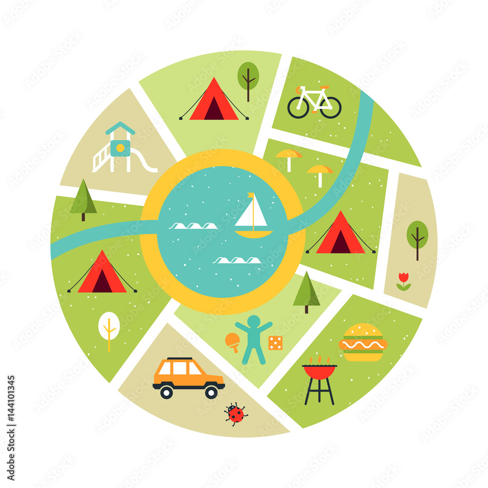 Illustrated Map of Campsite. Traveling, Camping and Outdoor Symbols ...