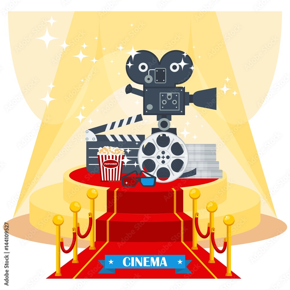 Megaphone, camera and clapboard on luxurious catwalk with red carpet ...