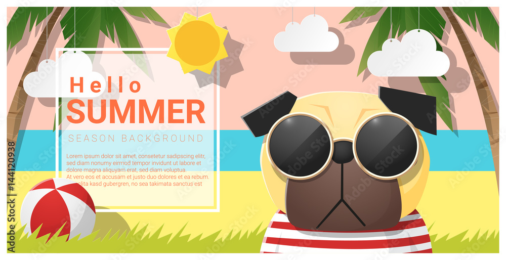 Hello summer background with dog wearing sunglasses , vector ...