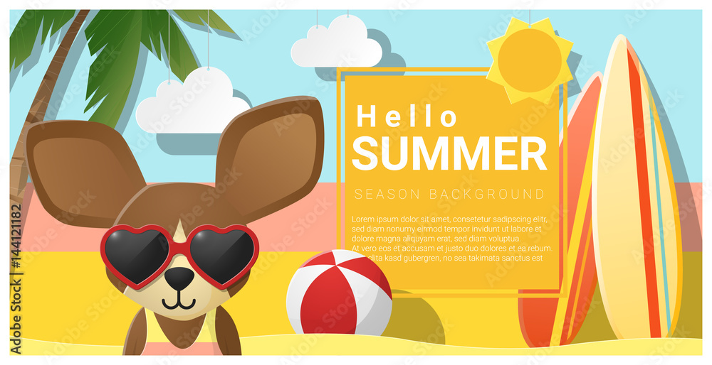 Hello summer background with dog wearing sunglasses , vector ...