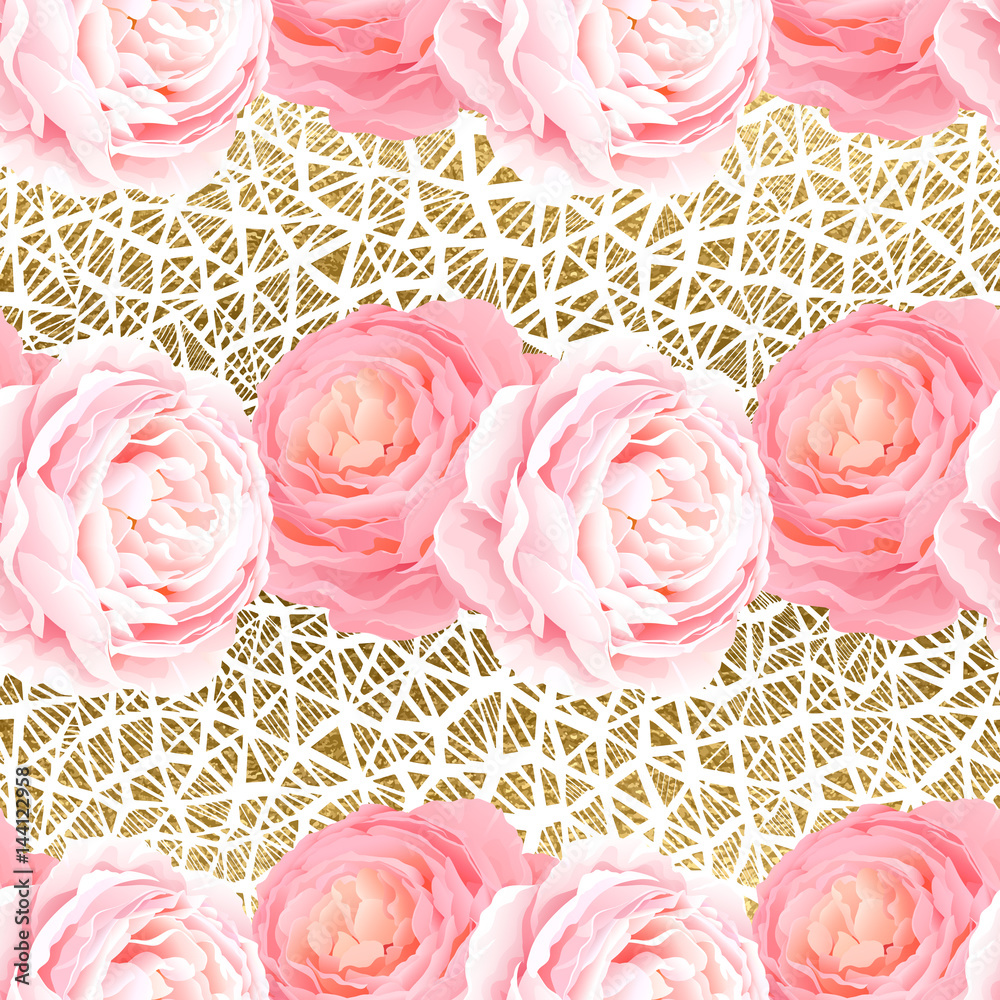 Seamless pattern with elegance color pink roses and light gold texture ...