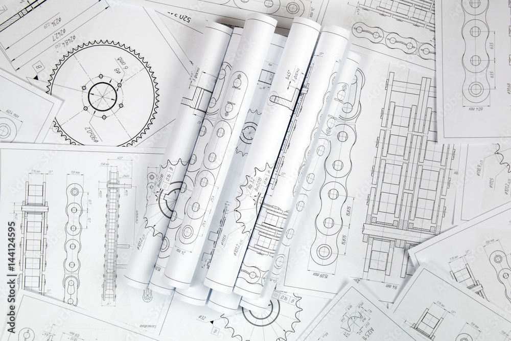 Technical engineering drawing, details of drive industrial chain ...