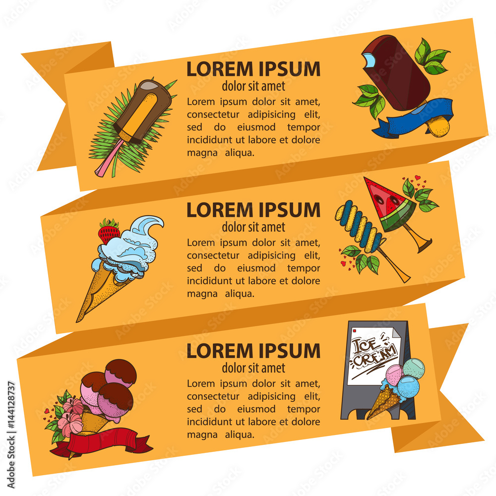 Ice cream and sweets horizontal banner with space for text. Tape, a ...