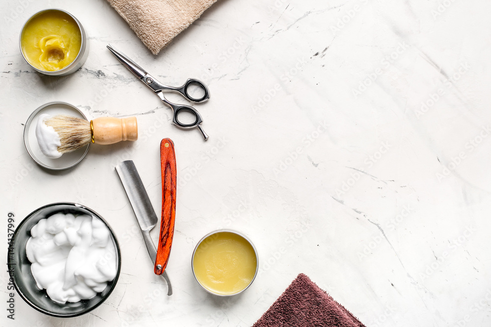 Tools for shaving in barbershop on workplace background top view mock ...