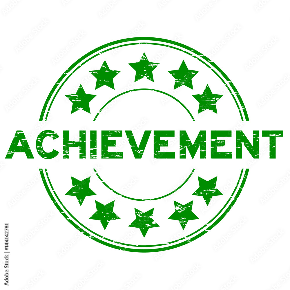 Grunge green achievement with star icon round rubber seal stamp on ...