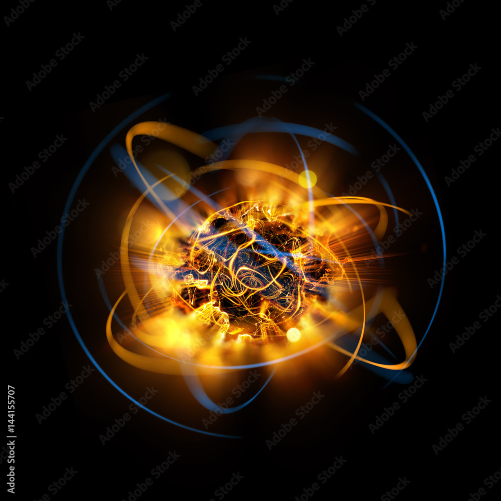 3D Atom icon. Luminous nuclear model on dark background. Glowing energy balls. Molecule ...
