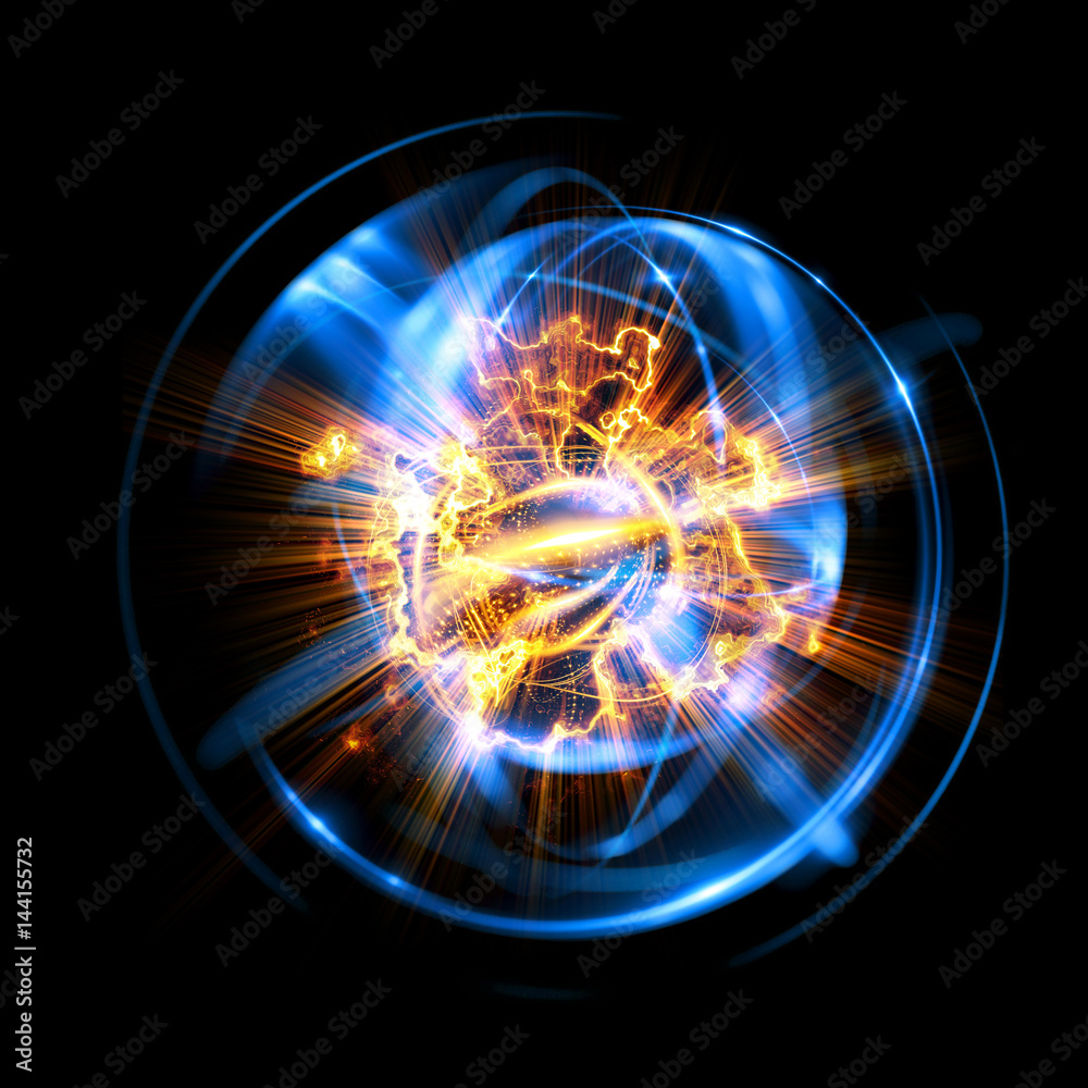 3D Atom icon. Luminous nuclear model on dark background. Glowing energy balls. Molecule ...