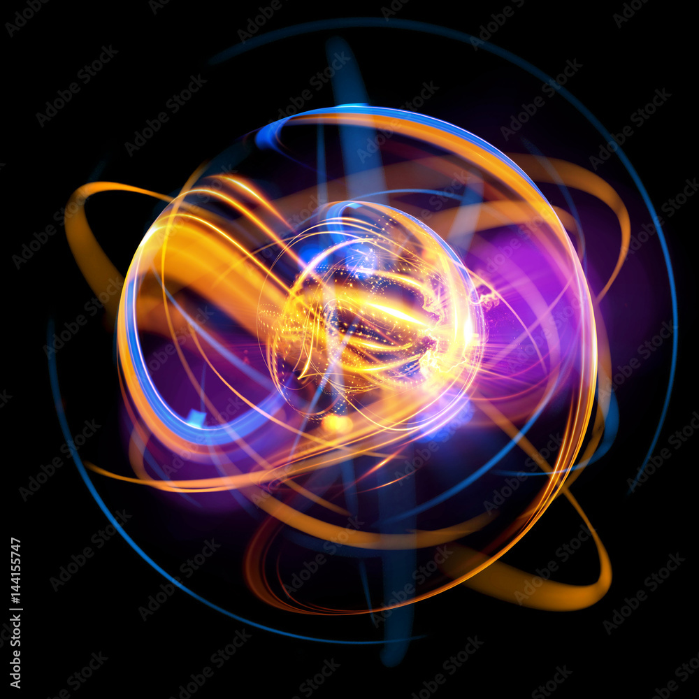 3D Atom icon. Luminous nuclear model on dark background. Glowing energy balls. Molecule ...