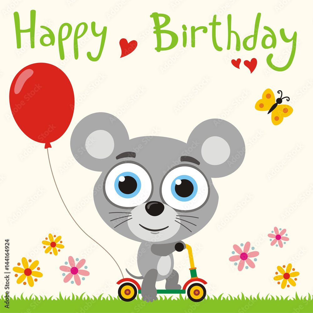 Happy birthday! Funny mouse going on scooter with red balloon. Birthday ...