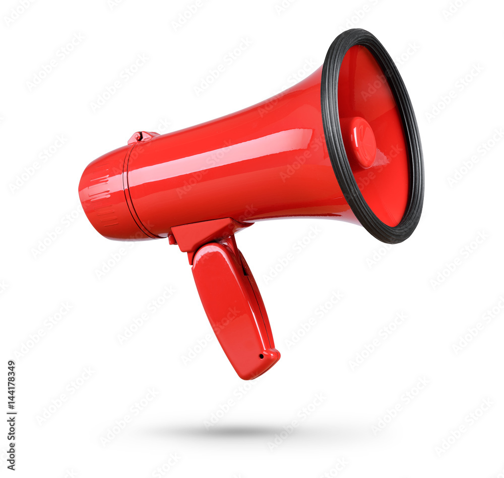 Red megaphone isolated on white background. File contains a path to ...
