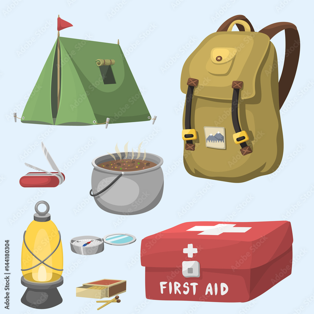 Hiking camping equipment base camp gear and accessories outdoor cartoon ...