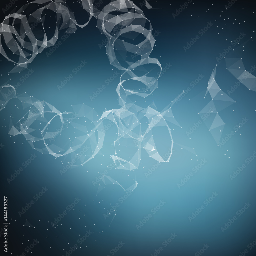 Abstract vector blue mesh background. Chaotically connected points and polygons flying in space ...