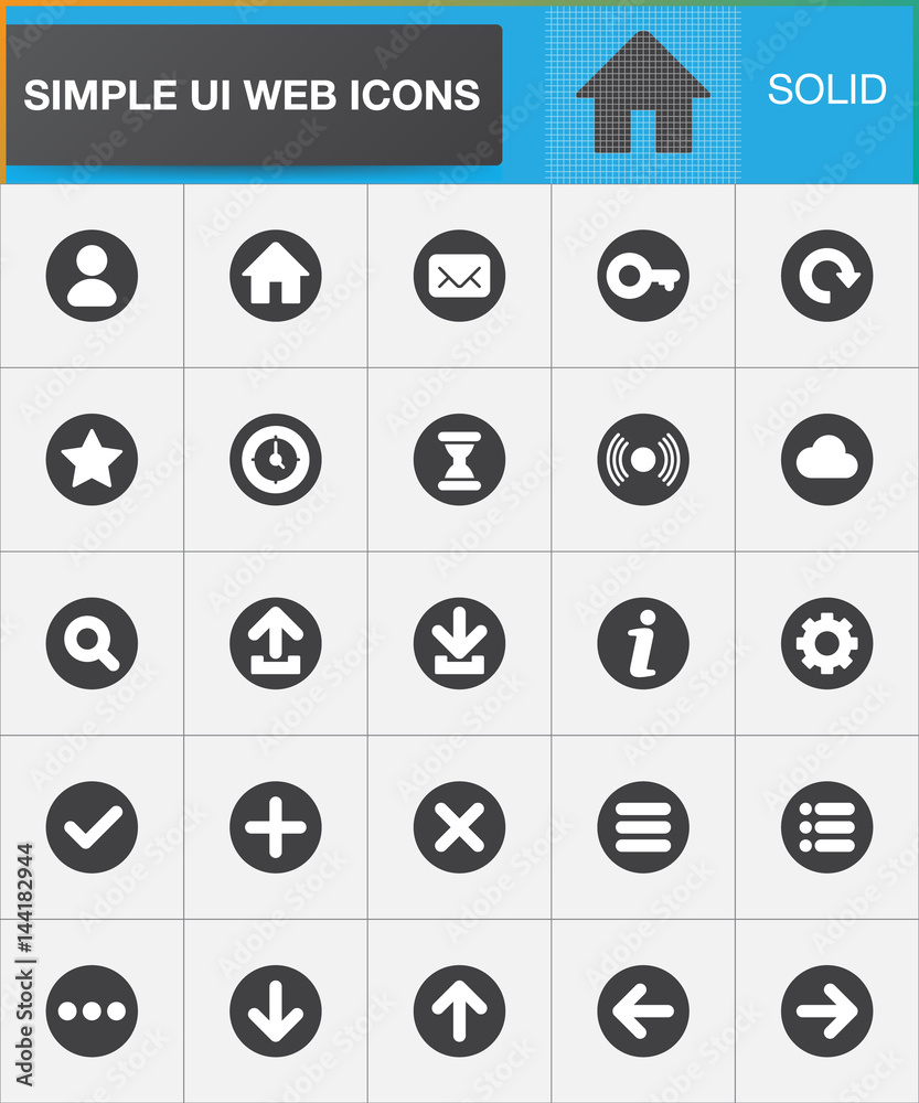 Web UI simple flat icons set, vector symbol collection, circle ...