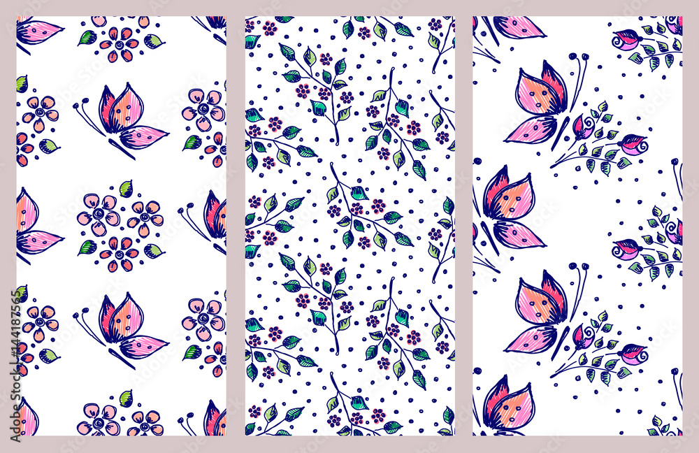 Vector set of seamless floral pattern with butterflies, flowers, leaves ...