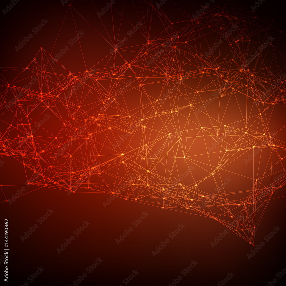 Abstract vector red mesh background. Chaotically connected points and polygons flying in space ...