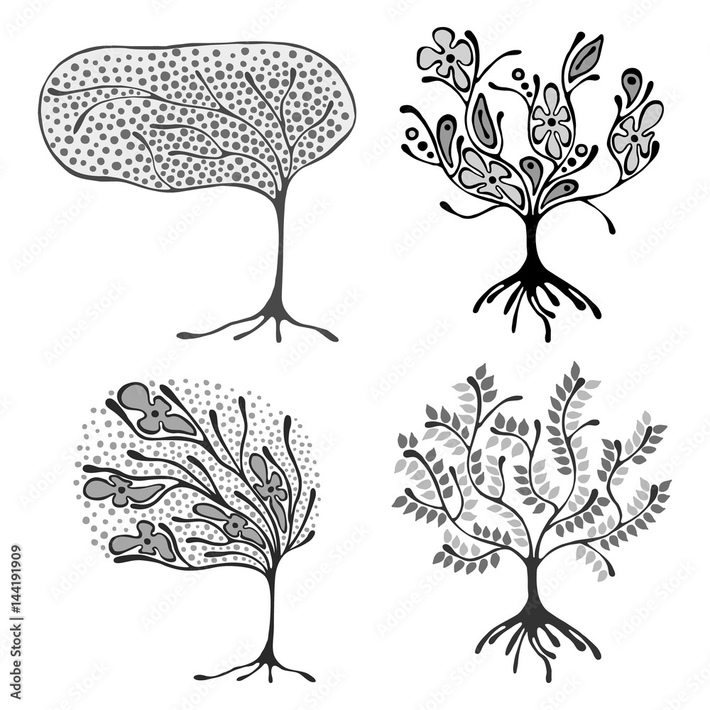 Vector set of hand drawn illustrations, decorative ornamental stylized ...