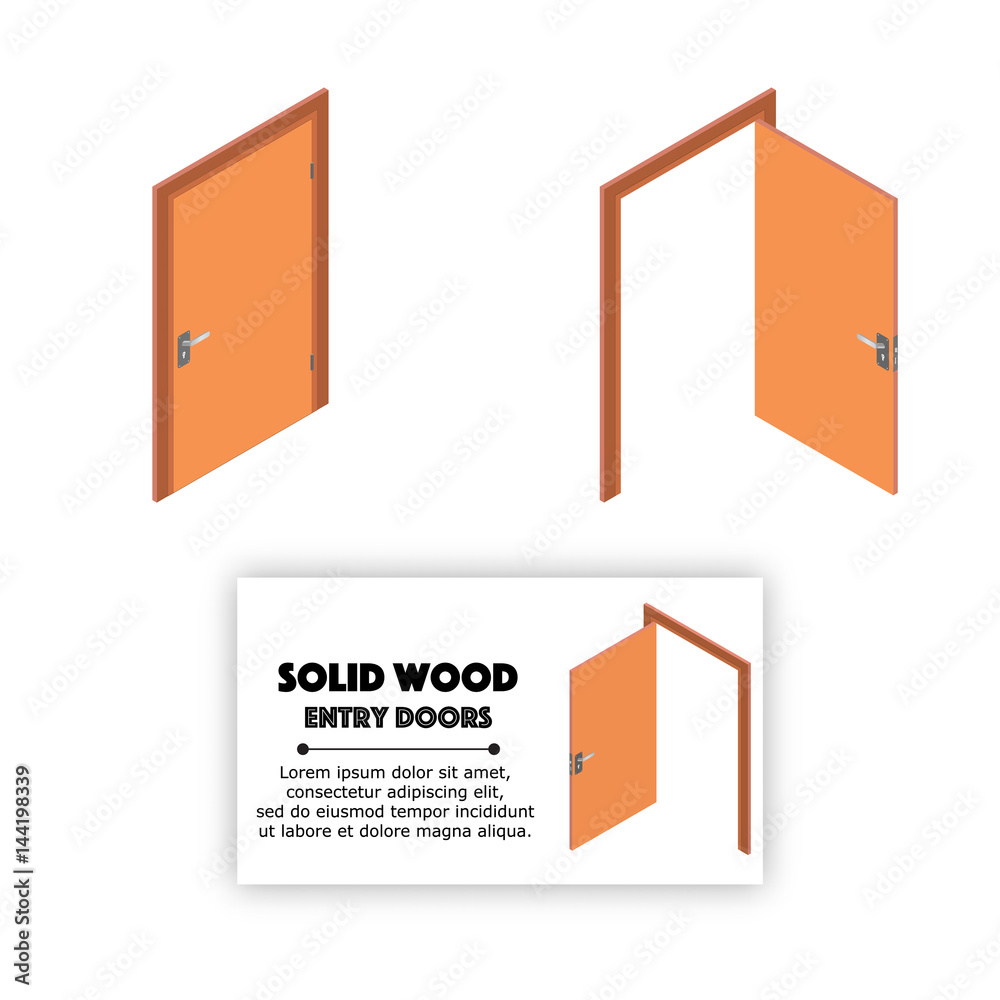 Isometric door, open and closed, vector illustration. Set of wooden ...