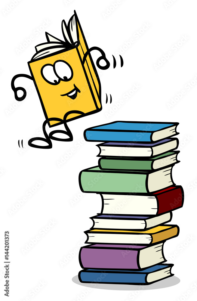 Lustiges Buch springt von Bücherstapel Stock Illustration | Adobe Stock