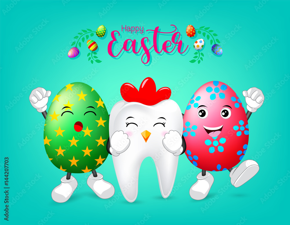 Hen tooth character with happy eggs of Easter day. Dental Easter ...