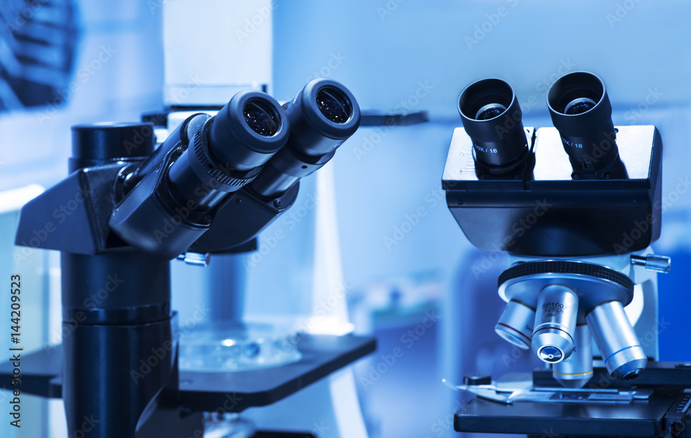 Laboratory Microscope. Scientific research background. Stock Photo ...