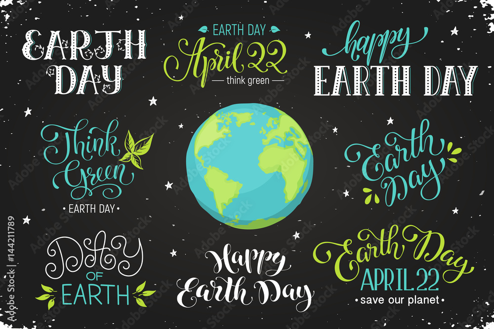Planet Earth on starry sky in cartoon style. Earth day wording ...