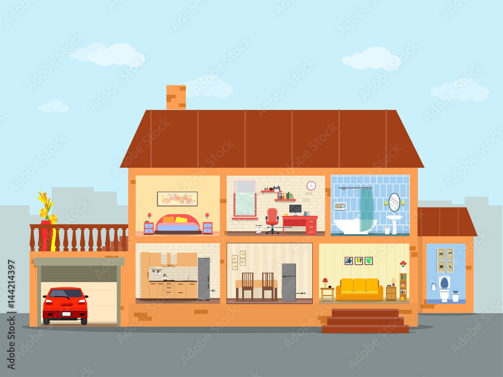 House inside with living room, workplace, bedroom, bathroom, garage ...