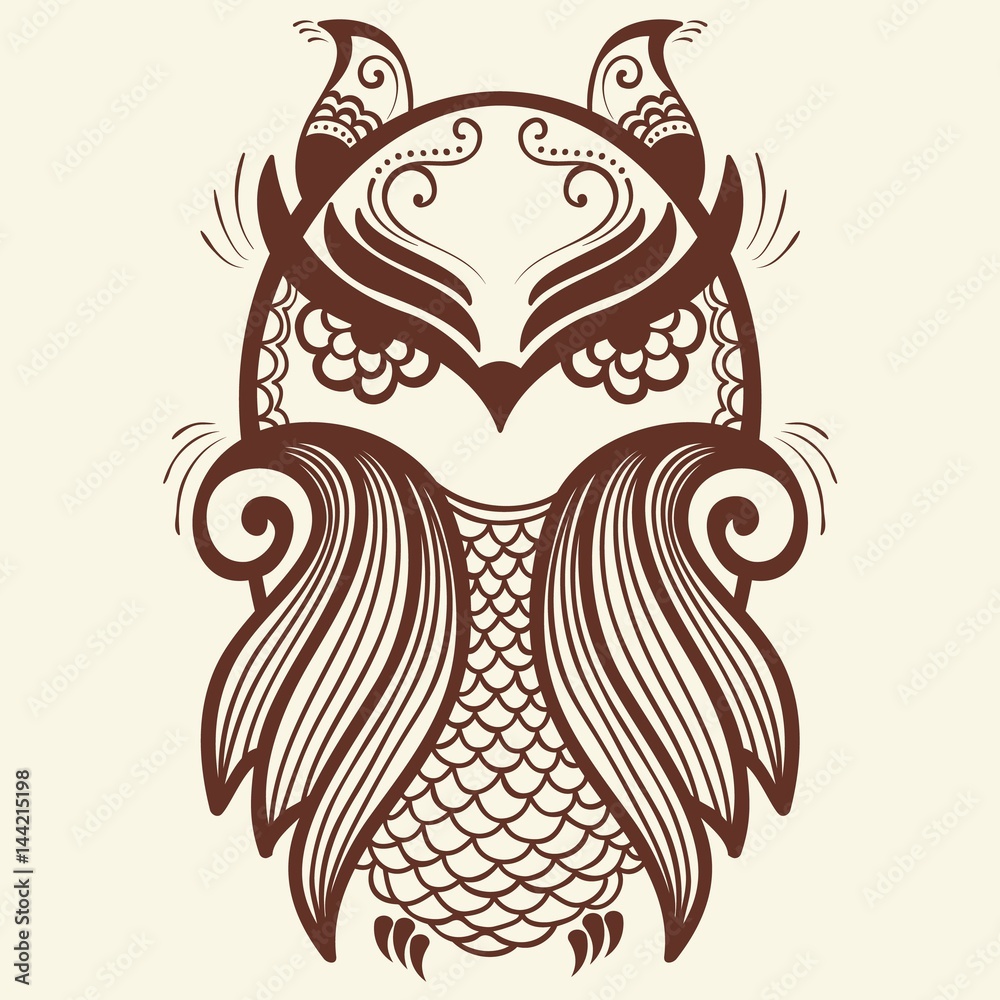 Vector illustration of owl mehndi ornament. Traditional indian style ...