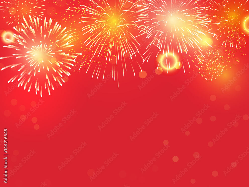 Golden Fireworks on red background to celebrate on chinese new year ...