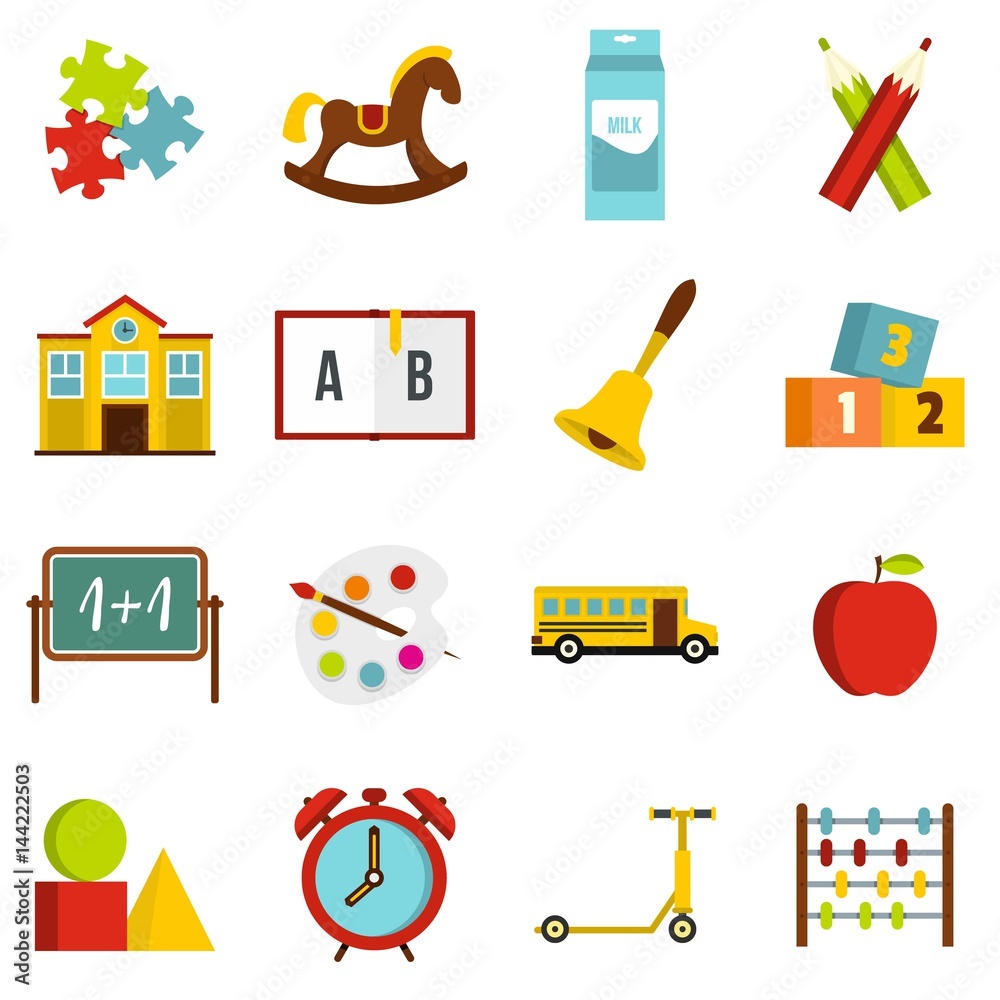 Kindergarten symbol icons set in flat style Stock Vector | Adobe Stock