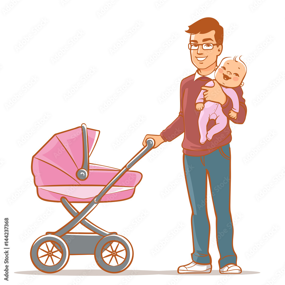 Man with children. Father pushing baby carriage, holding little baby in ...
