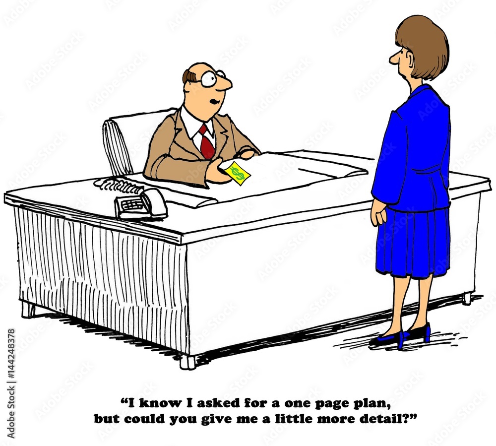 Business cartoon about a one page plan done on a yellow sticky note ...