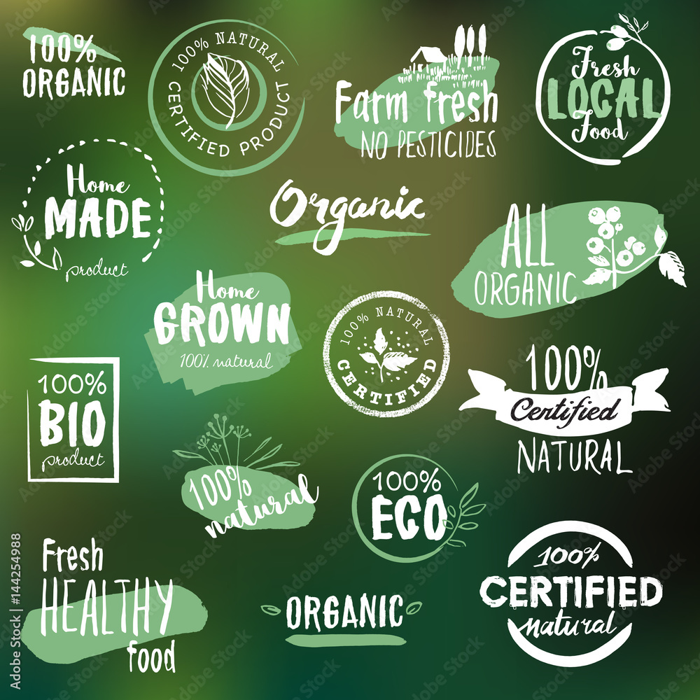 Hand drawn stickers and badges collection for organic food and drink ...