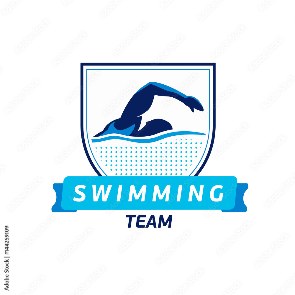 Vector swimming team logo. Swimmer silhouette in water. Creative badge ...