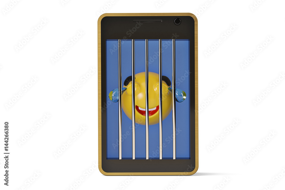 Laughing emoticon with tears in mobile phone jail.3D illustration ...