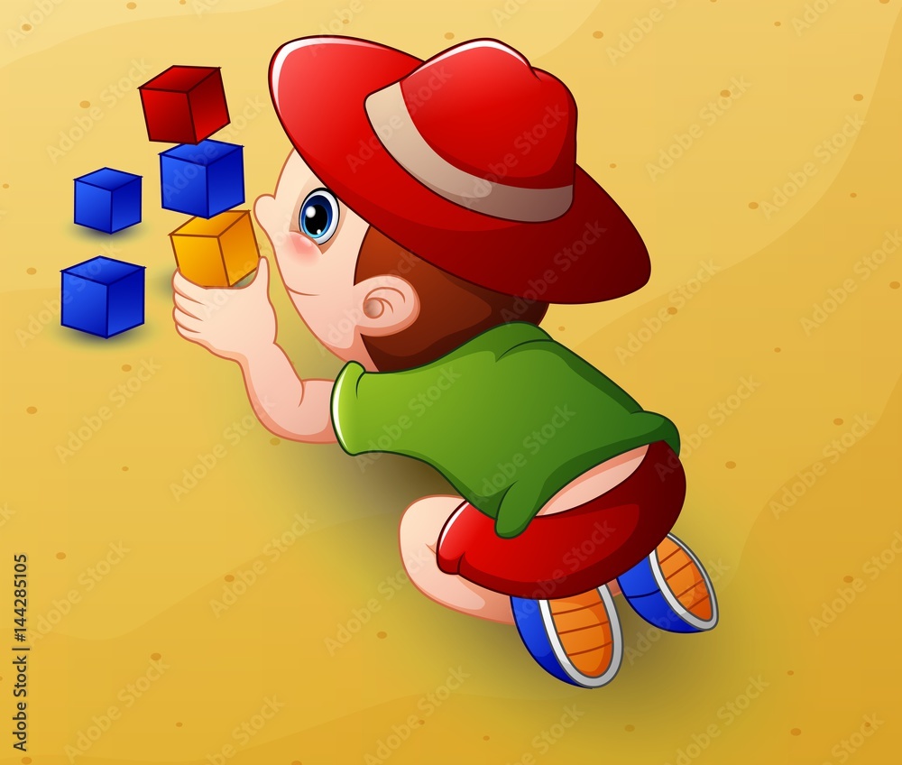 Cartoon little boy playing with cubes toys in sand Stock Vector | Adobe ...