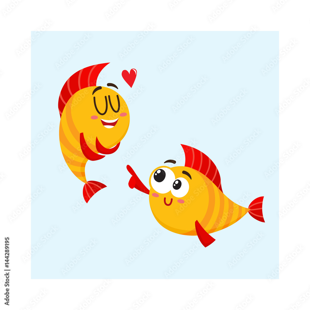 Two funny, smiling golden fish characters, one showing love, another ...