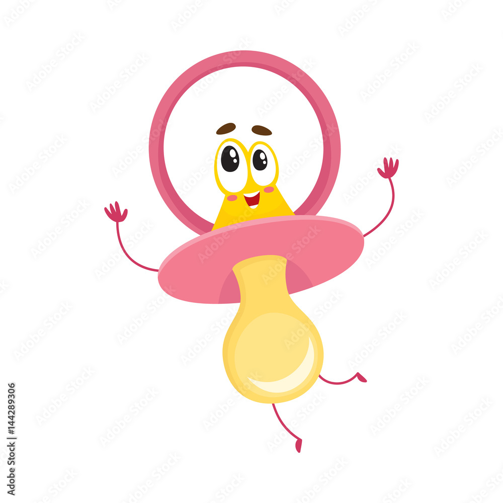 Cute and funny baby dummy, pacifier character with human face, excited ...