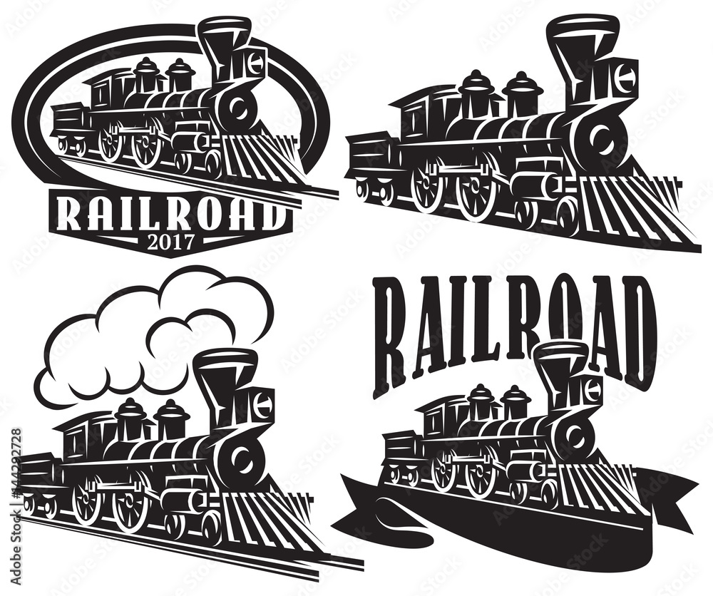 Set of vector logo in vintage style with locomotives. Emblems, labels ...