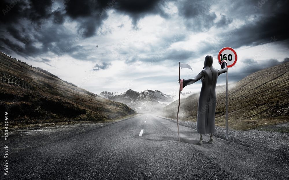 Concept of dangerous excess speed Death drawing a figure on a speed ...