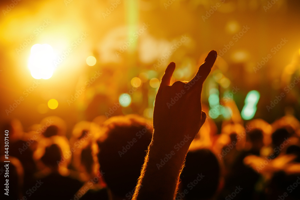cheering crowd at a rock concert, hand with Sign of the horns Stock ...