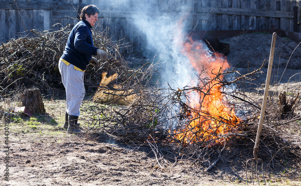 A fire in the garden. Woman is throwing branches on a bonfire Stock ...