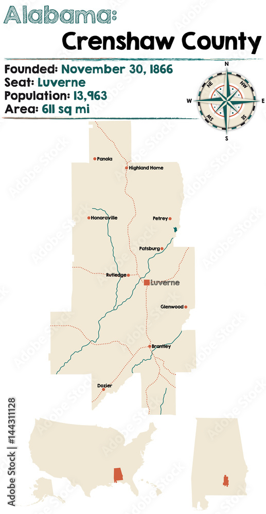 Large and detailed map of Crenshaw County in Alabama Stock Vector ...
