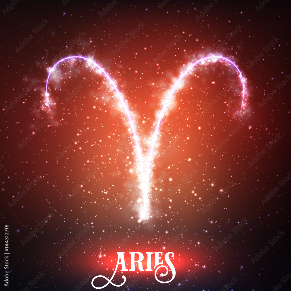 Vector abstract zodiac sign Aries on a dark red background of the space ...